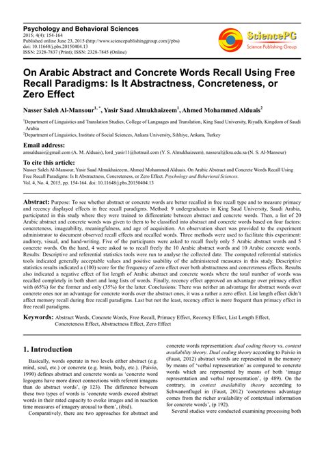 Pdf On Arabic Abstract And Concrete Words Recall Using Free Recall Paradigms Is It