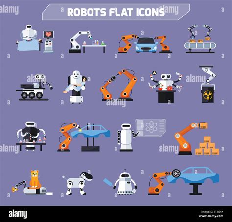 Robots Icons Set With Technology Symbols Flat Isolated Vector Illustration Stock Vector Image