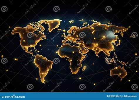 World Map With Glowing Lines And Dots Global Network Connection Stock Illustration