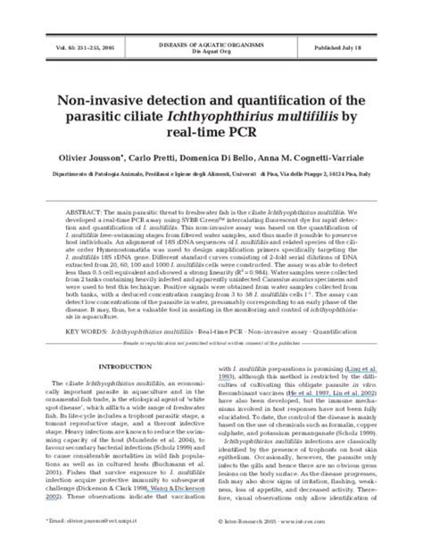 Pdf Non Invasive Detection And Quantification Of The Parasitic Ciliate Ichthyophthirius