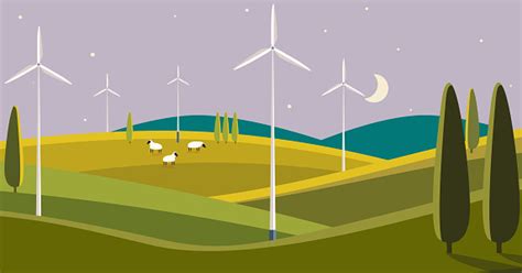 그린 필드 벡터 일러스트 레이 션의 풍력 터빈 녹색과 재생 가능 에너지 개념 0명에 대한 스톡 벡터 아트 및 기타 이미지 0명 2차 도형 기후 변화 Istock