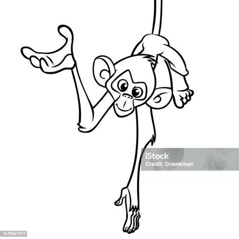 만화 재미있는 원숭이 침팬지가 나뭇가지에 거꾸로 매달려 있다 색칠하기 책에 대 한 행복 한 원숭이 캐릭터의 벡터 그림입니다