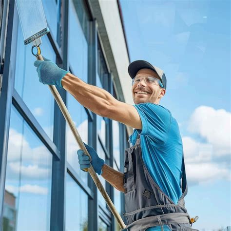 Un Lavador De Ventanas Sonriente Lava Las Ventanas A Una Altura Foto Premium