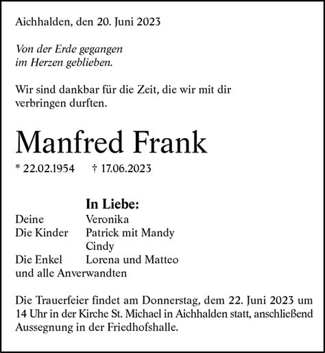 Traueranzeigen von Manfred Frank Schwarzwälder Bote Trauer