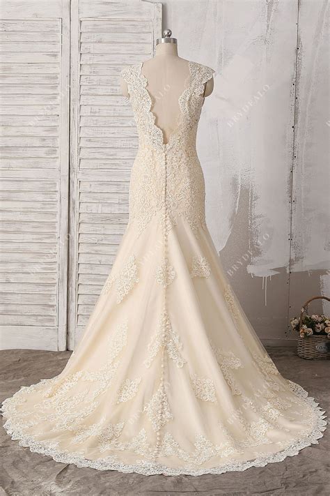 Champagne Lace V Back Modest Trumpet Wedding Dress