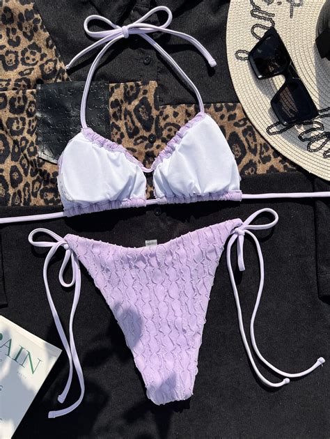 Shein Swim Sxy Ensemble Bikini Texturé Ras Du Cou Triangulaire Soutien