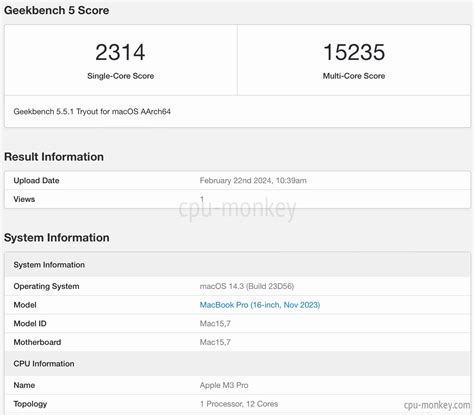 Apple M3 Pro 12 CPU 18 GPU Benchmarks Specs