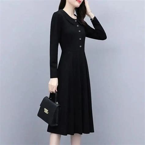 Badu Bg Модна дантелена миди рокля с копчета с яка на Питър Пан Дамско облекло 2023 Есен Зима