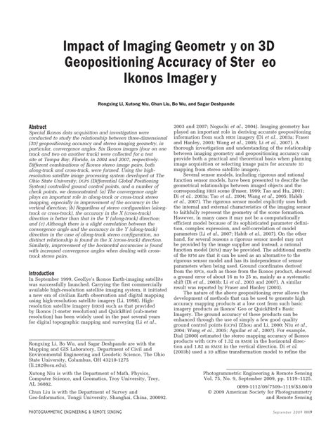 Pdf Impact Of Imaging Geometry On 3d Geopositioning Accuracy Of Stereo Ikonos Imagery