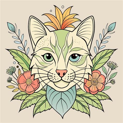 Un Dibujo De Un Gato Con Flores Y Una Cabeza Que Dice Hibisco Vector
