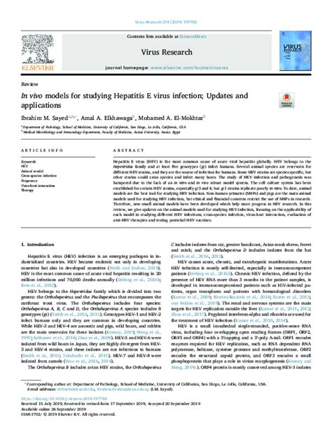 Pdf In Vivo Models For Studying Hepatitis E Virus Infection Updates