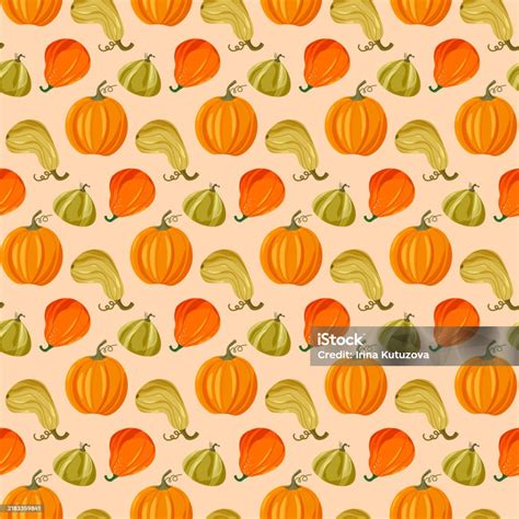 다양한 종류의 호박이 있는 패턴 가을 수확 포장 디자인 포장지 직물 인쇄 의류 일러스트레이션 및 전단지 표지 및 브로셔 카페 메뉴에 사용합니다 0명에 대한 스톡 벡터 아트