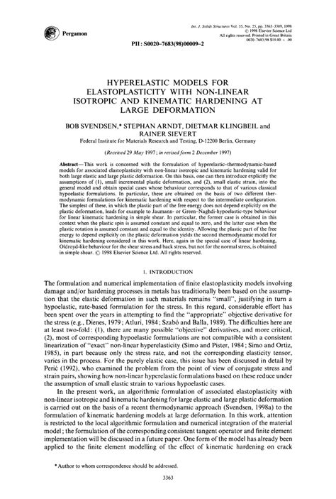 Pdf Hyperelastic Models For Elastoplasticity With Non Linear Isotropic And Kinematic Hardening