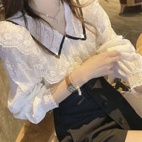 주디앤 여성 루비 봄 가을 배색 카라 진주 레이스 블라우스 리빙공감 블라우스 셔츠 쿠팡