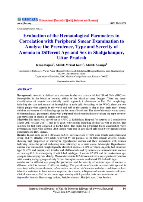 Pdf Evaluation Of The Hematological Parameters In Correlation With Peripheral Smear