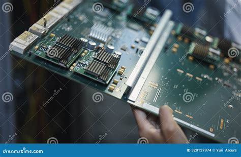 Network Engineer Motherboard And Server Room For Internet Infrastructure And Lights Of Computer