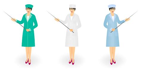 막대기로 포인터를 들고 의료 코트에서 여자 의사 포인터가 있는 젊은 간호사 간호사에 대한 스톡 벡터 아트 및 기타 이미지