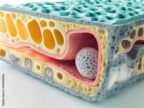 Detailed Cross Section Of A Colorful Layered Organic Structure With Porous Textures Showcasing