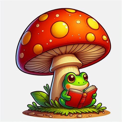 Cute Cartoon Frog Reading A Book Under A Large Red Mushroom Premium Ai Generated Image
