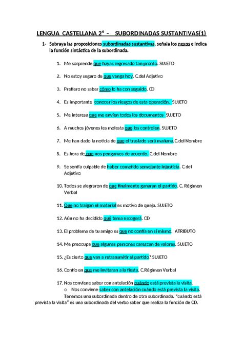 Solucionario De Subordinadas Sustantivas 1 Ejercicios LENGUA