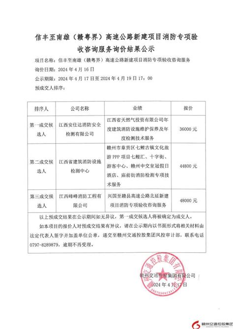 信丰至南雄赣粤界高速公路新建项目消防专项验收咨询服务询价结果公示 赣州交通控股集团有限公司