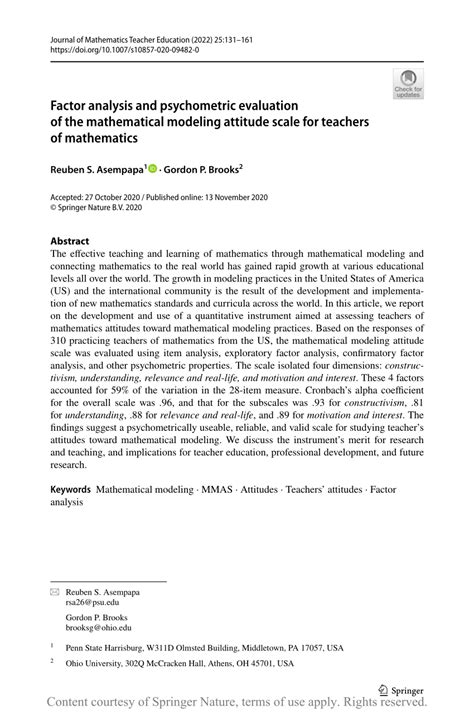 Factor Analysis And Psychometric Evaluation Of The Mathematical