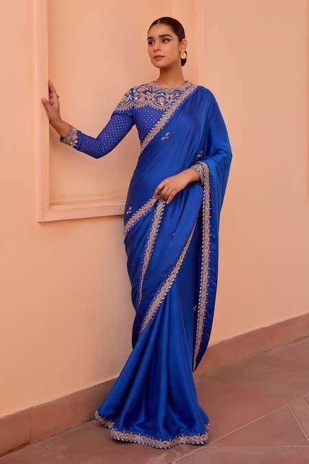 Buy Blue Saree Pure Satin Embroidered Tilla Noor Border With Blouse For