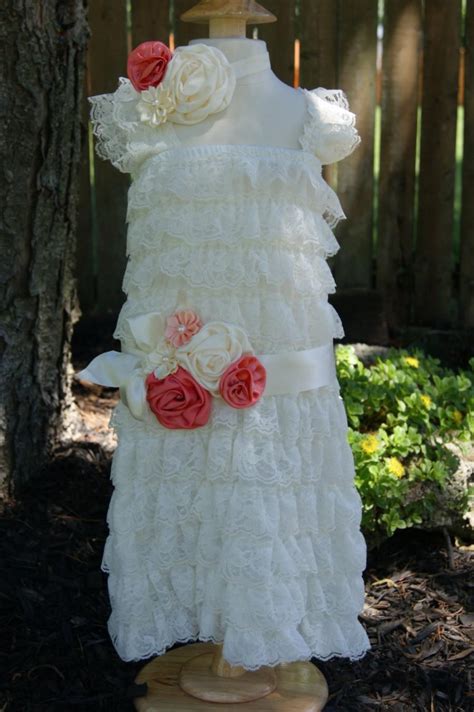 Country Flower Girl Dress Ivory Lace And Coral Flowergirl Dress Lace