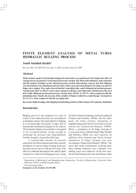 Pdf Finite Element Analysis Of Metal Tubes Hydraulic Bulging Process Yousif Khalid