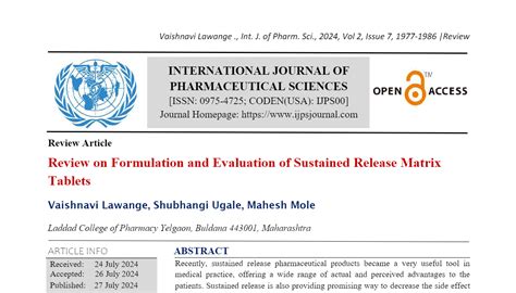 Review On Formulation And Evaluation Of Sustained Release Matrix Tablets
