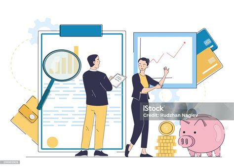 재무 활동을 분석합니다 남자와 여자는 그래프와 도표를 평가합니다 금융 이해력 지출 및 수입 평가 회계 및 예산 편성 선형 벡터 그림 은행업무에 대한 스톡 벡터 아트 및 기타