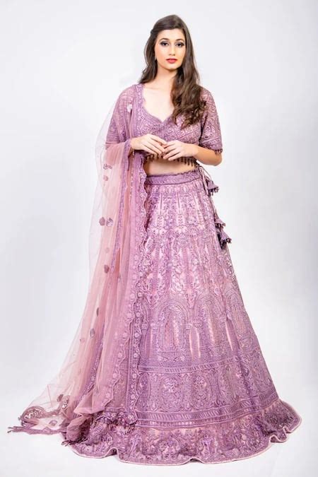 Buy Pink Net Embroidery Floral V Neck Bridal Lehenga Set For Women By