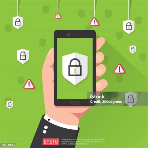 화면에 방패 자물쇠 보호 기호 표시 아이콘으로 전화를 들고 손을 모바일 인터넷 Vpn 보안 보호 개념 벡터 일러스트 레이