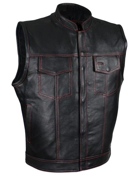Club Vest Men S Black Naked Cowhide Leather Motorcycle Vest W Red Stitching Sale Price