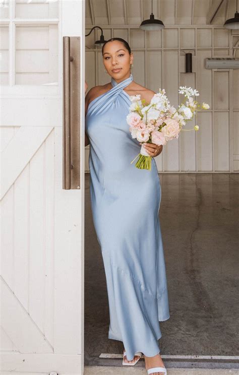 Show Me Your Mumu Jasmine Halter Maxi Dress ~ Steel Blue Luxe Satin