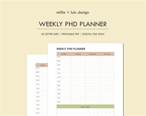 Weekly Phd Planner Printable Phd Schedule Goals To Do Etsy