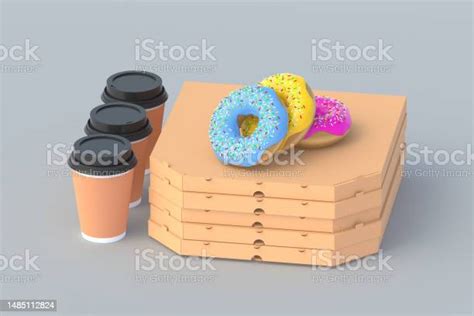 음료가 담긴 컵 근처의 피자 상자에 도넛 패스트푸드 개념 음식 배달 건강에 해로운 간식 3d 렌더링 개념에 대한 스톡 사진 및 기타 이미지 Istock