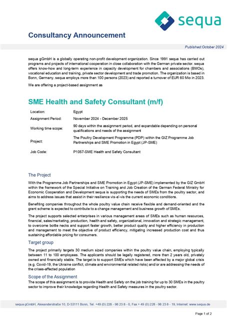 Sequa Is Looking For Sme Health And Safety Consultant Mf In Egypt Assignment Period