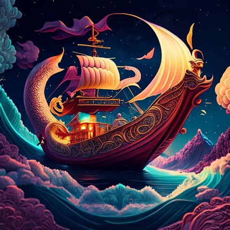 Fantasy Illustration Of A Pirate Ship Sailing In The Sea At Night