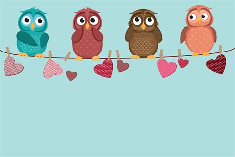 귀여운 4 색 Owlet 문자열에 앉아 밧줄에 매달려 그림으로 붉은 마음 발렌타인의 하루입니다 벡터 일러스트입니다 빈 공간