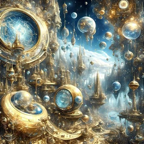 A Futuristic City Floating In The Sky With Cosmic Compasses And