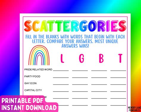 Pride Scattergories Game Lgbtq Pride Party Game Pride Party Game