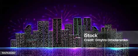 다채로운 밤 도시가 축하하고 아름다운 불꽃 놀이가 고층 빌딩 위로 폭발하고 있습니다 도시에 대한 스톡 벡터 아트 및 기타 이미지 도시 실루엣 외형선 Istock