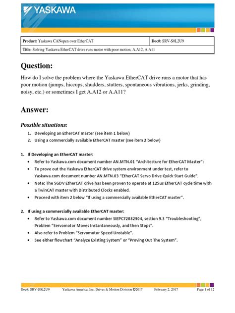 Srv S0l2u9 Solving Yaskawa Ethercat Drive Runs Motor With Poor Motion A A12 A A11 Pdf