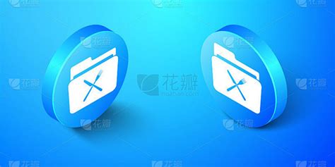 等距交叉叉和刀在文件夹图标孤立在蓝色背景。餐厅的象征。蓝色圆按钮。向量
