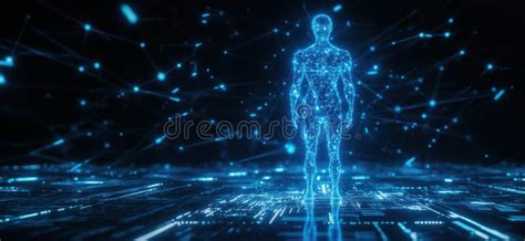 Futuristic Digital Human Figure Surrounded By Glowing Data Connections And Circuits Stock Image
