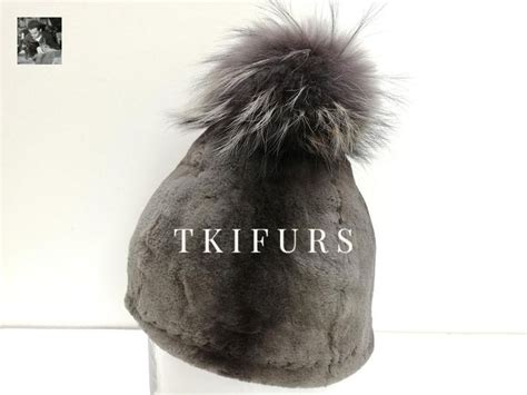 Handmade Real Rex Rabbit Fur Beanie Dark Grey Color Winter Fur Hat