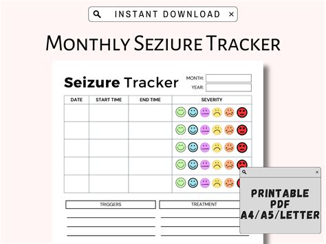 Printable Seizure Tracker Monthly Epilepsy Tracker Seizure Journal