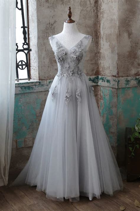 V Neck Lace Applique Tulle Long Prom Dress Fannywe
