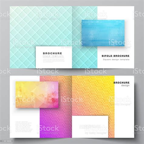 정사각형 디자인 Bifold 브로셔 잡지 전단지 소책자를위한 두 개의 표지 템플릿의 편집 가능한 레이아웃의 벡터 그림 화려한